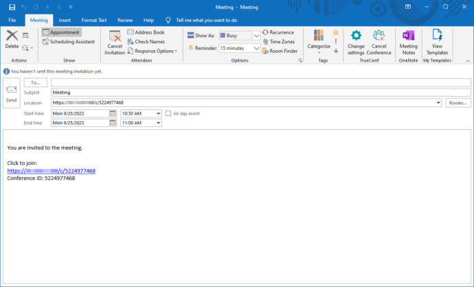 How to create a TrueConf meeting for an Outlook event
