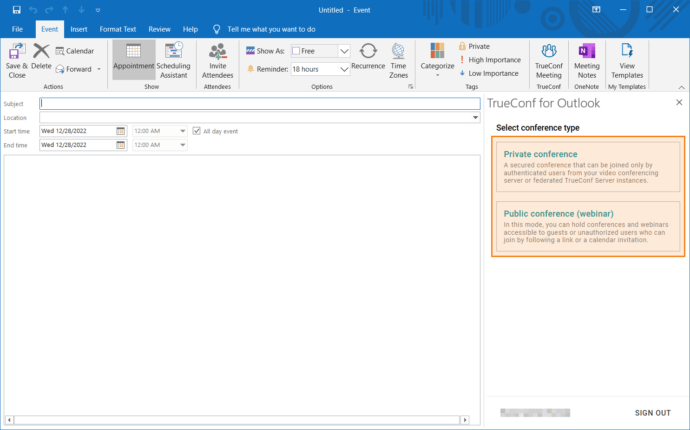 How to create a TrueConf meeting for an Outlook event